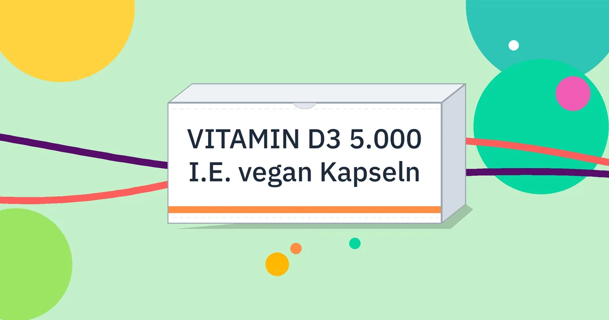 Symbolbild: Packung mit der Aufschrift VITAMIN D3 5.000 I.E. vegan Kapseln (PZN 16752794) – Verfügbarkeit und Bezug in Apotheken in Frankfurt am Main