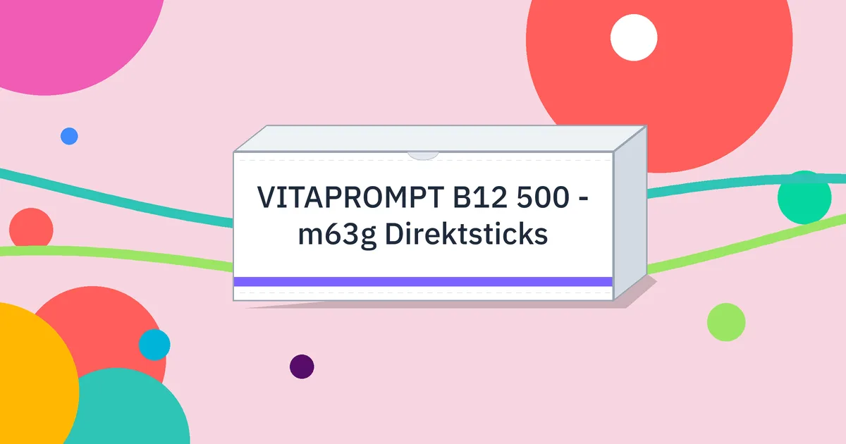 Symbolbild: Packung mit der Aufschrift VITAPROMPT B12 500 -m63g Direktsticks (PZN 19690450) – Verfügbarkeit und Bezug in Apotheken in Frankfurt am Main