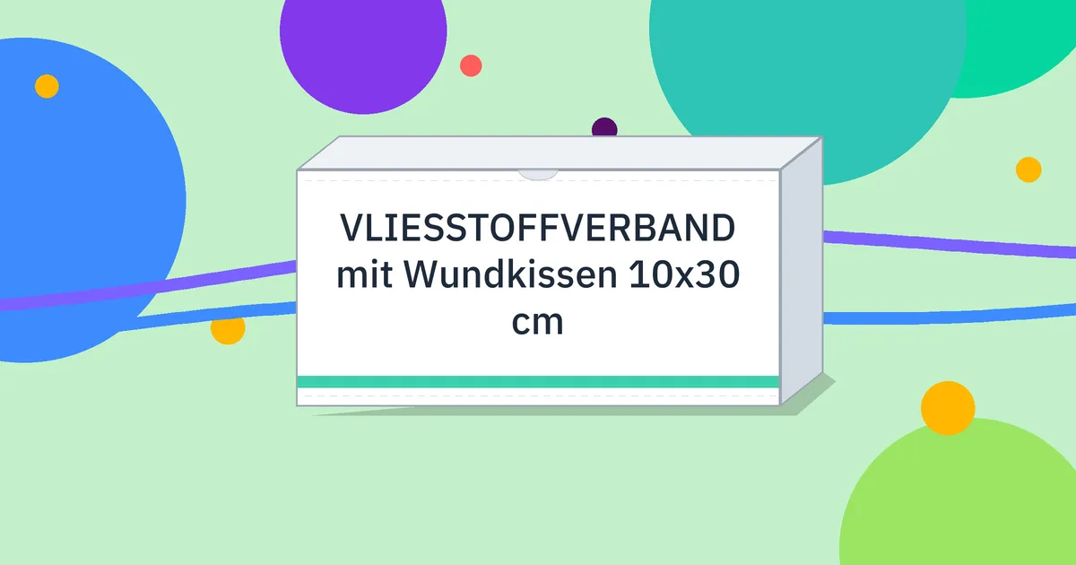 Symbolbild: Packung mit der Aufschrift VLIESSTOFFVERBAND mit Wundkissen 10x30 cm (PZN 18260084) – Verfügbarkeit und Bezug in Apotheken in Frankfurt am Main