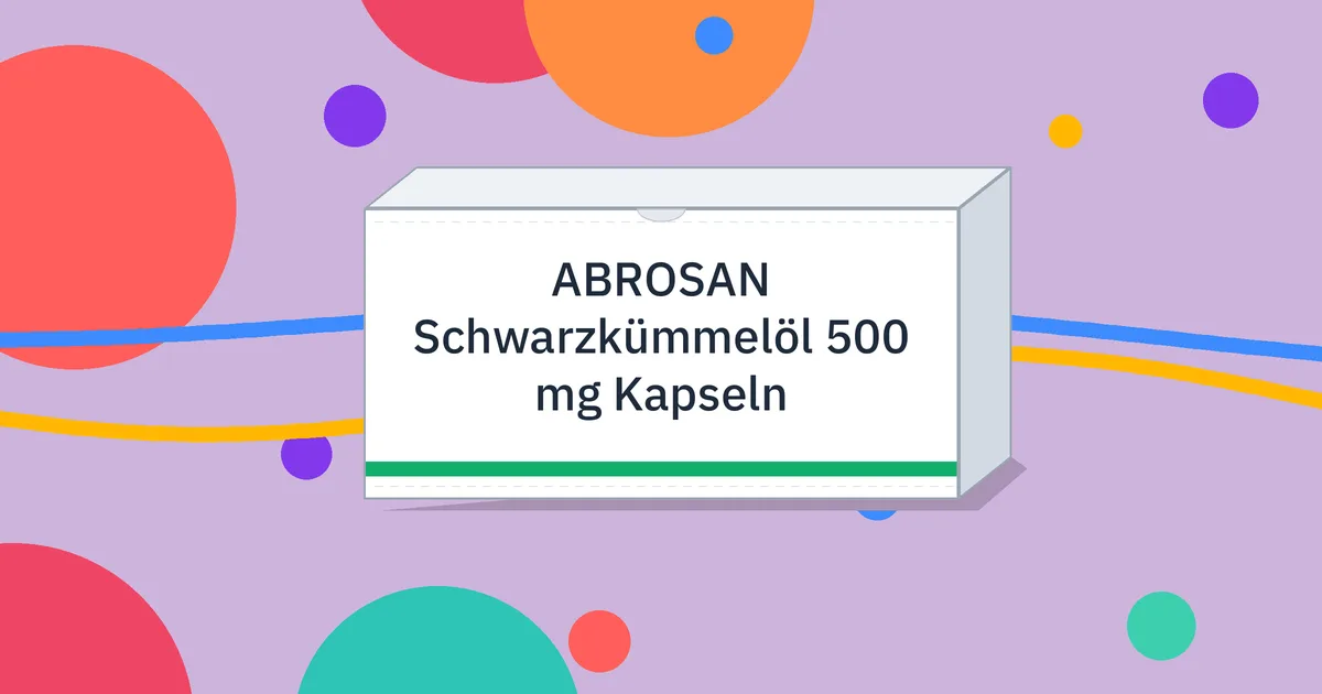 Symbolbild: Packung mit der Aufschrift ABROSAN Schwarzkümmelöl 500 mg Kapseln (PZN 10308816) – Verfügbarkeit und Bezug in Apotheken in Frankfurt am Main