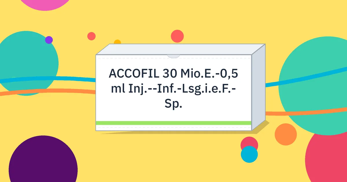 Symbolbild: Packung mit der Aufschrift ACCOFIL 30 Mio.E.-0,5 ml Inj.--Inf.-Lsg.i.e.F.-Sp. (PZN 19640920) – Verfügbarkeit und Bezug in Apotheken in Frankfurt am Main