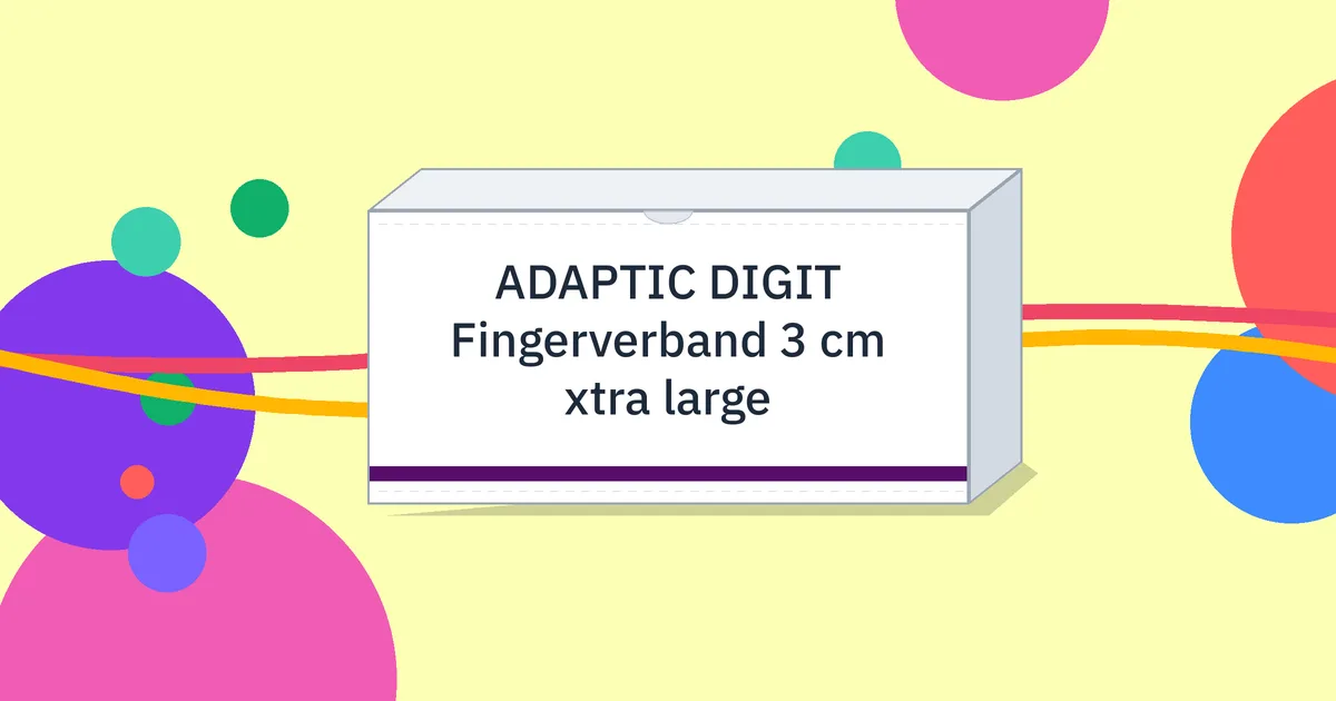 Symbolbild: Packung mit der Aufschrift ADAPTIC DIGIT Fingerverband 3 cm xtra large (PZN 08410683) – Verfügbarkeit und Bezug in Apotheken in Frankfurt am Main