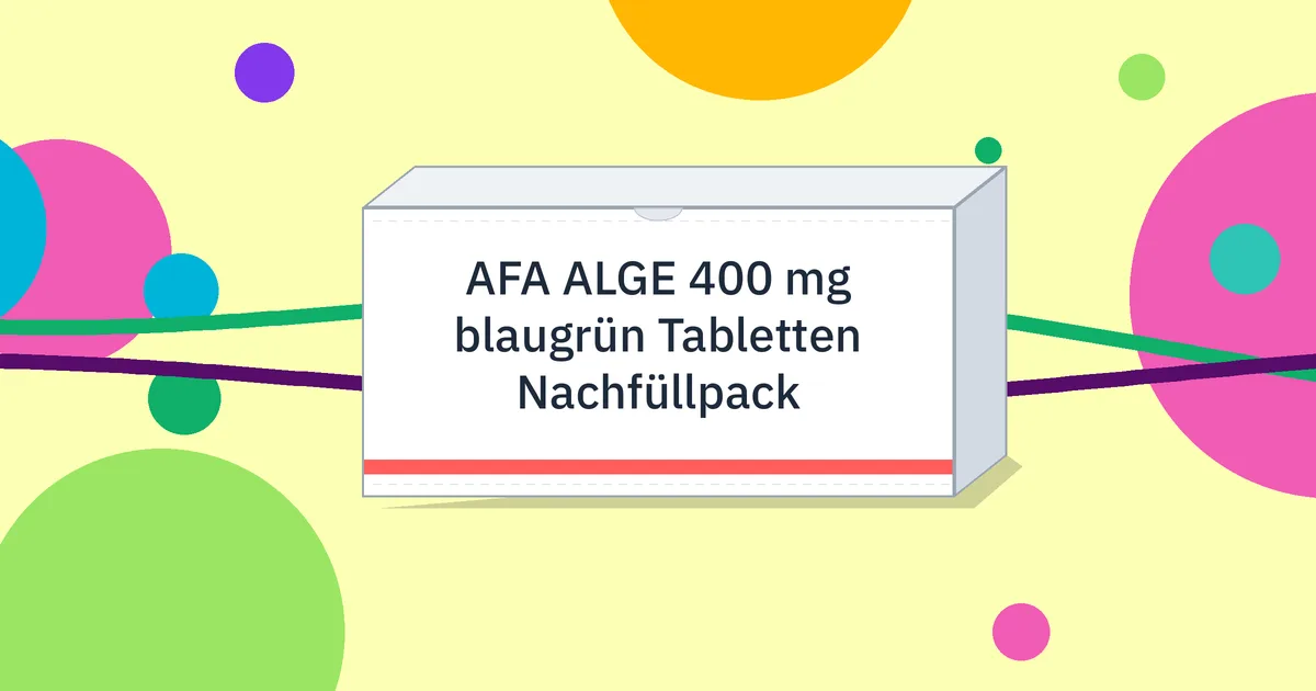 Symbolbild: Packung mit der Aufschrift AFA ALGE 400 mg blaugrün Tabletten Nachfüllpack (PZN 16043856) – Verfügbarkeit und Bezug in Apotheken in Frankfurt am Main