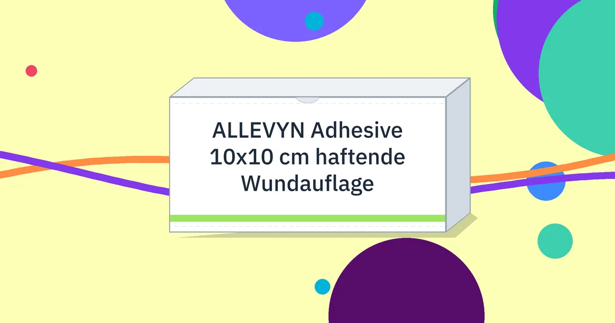 Symbolbild: Packung mit der Aufschrift ALLEVYN Adhesive 10x10 cm haftende Wundauflage (PZN 19767945) – Verfügbarkeit und Bezug in Apotheken in Frankfurt am Main