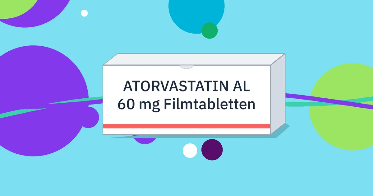 Symbolbild: Packung mit der Aufschrift ATORVASTATIN AL 60 mg Filmtabletten (PZN 16021599) – Verfügbarkeit und Bezug in Apotheken in Frankfurt am Main