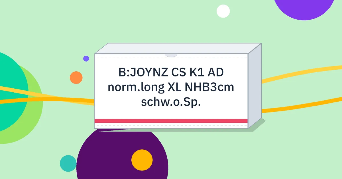 Symbolbild: Packung mit der Aufschrift B:JOYNZ CS K1 AD norm.long XL NHB3cm schw.o.Sp. (PZN 20529777) – Verfügbarkeit und Bezug in Apotheken in Frankfurt am Main