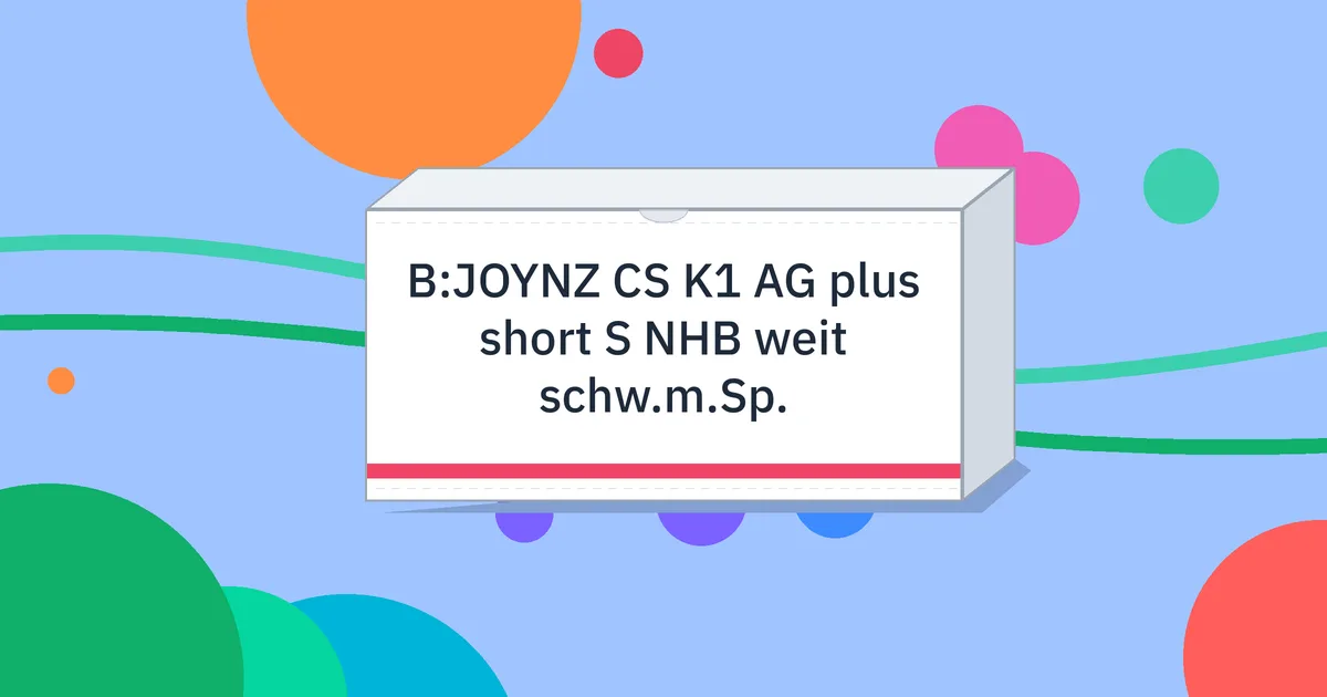 Symbolbild: Packung mit der Aufschrift B:JOYNZ CS K1 AG plus short S NHB weit schw.m.Sp. (PZN 20532495) – Verfügbarkeit und Bezug in Apotheken in Frankfurt am Main