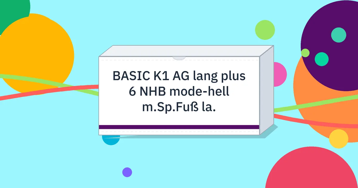 Symbolbild: Packung mit der Aufschrift BASIC K1 AG lang plus 6 NHB mode-hell m.Sp.Fuß la. (PZN 20261872) – Verfügbarkeit und Bezug in Apotheken in Frankfurt am Main
