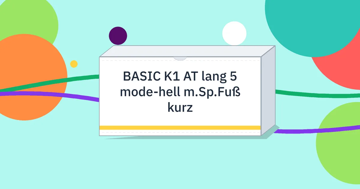 Symbolbild: Packung mit der Aufschrift BASIC K1 AT lang 5 mode-hell m.Sp.Fuß kurz (PZN 20263055) – Verfügbarkeit und Bezug in Apotheken in Frankfurt am Main