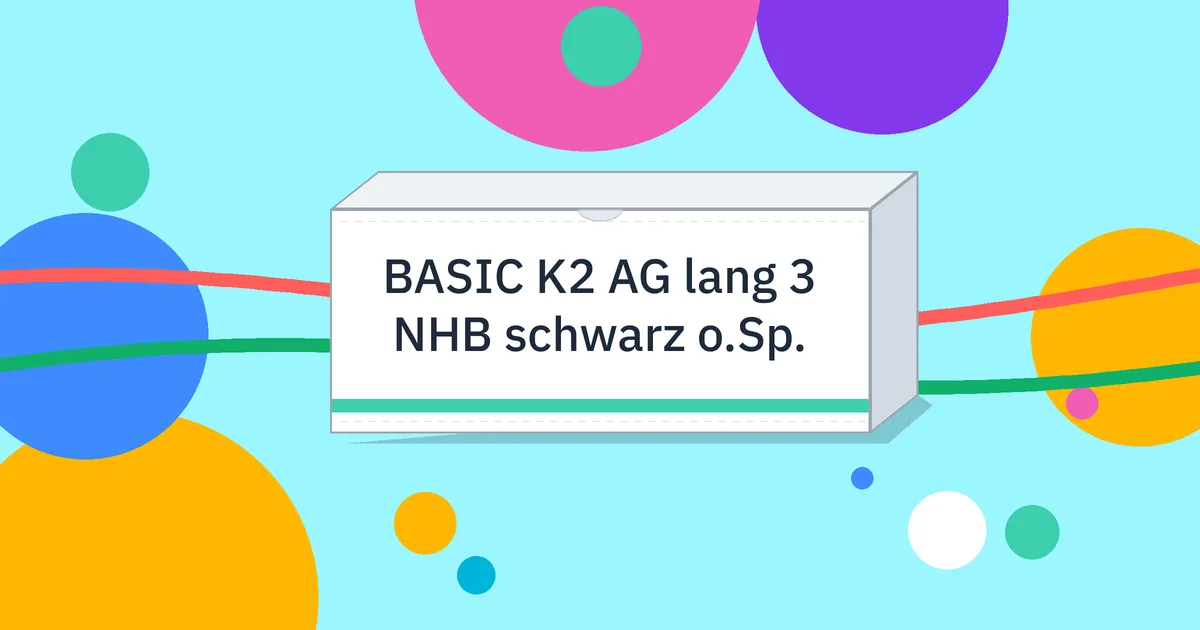Symbolbild: Packung mit der Aufschrift BASIC K2 AG lang 3 NHB schwarz o.Sp. (PZN 20266935) – Verfügbarkeit und Bezug in Apotheken in Frankfurt am Main