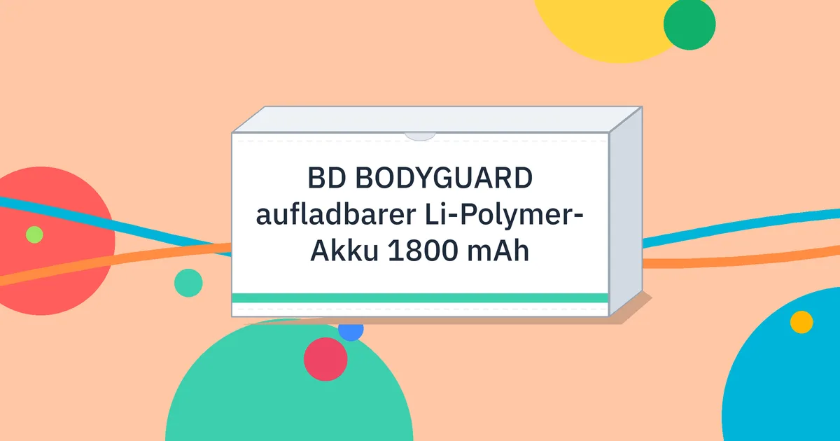 Symbolbild: Packung mit der Aufschrift BD BODYGUARD aufladbarer Li-Polymer-Akku 1800 mAh (PZN 18831196) – Verfügbarkeit und Bezug in Apotheken in Frankfurt am Main