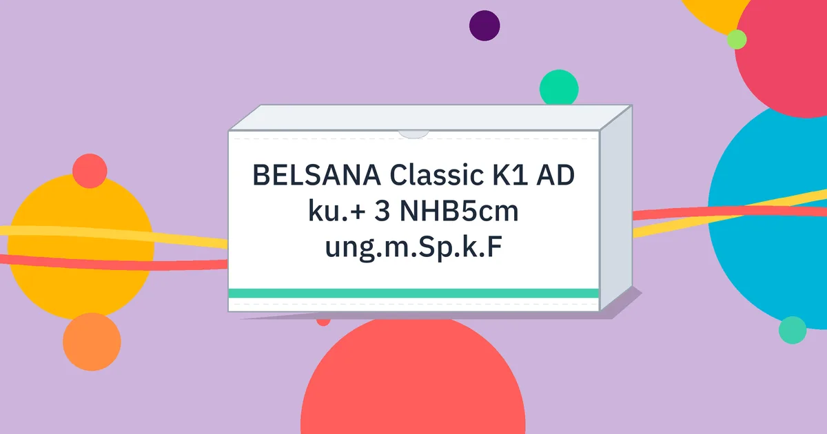 Symbolbild: Packung mit der Aufschrift BELSANA Classic K1 AD ku.+ 3 NHB5cm ung.m.Sp.k.F (PZN 19255777) – Verfügbarkeit und Bezug in Apotheken in Frankfurt am Main