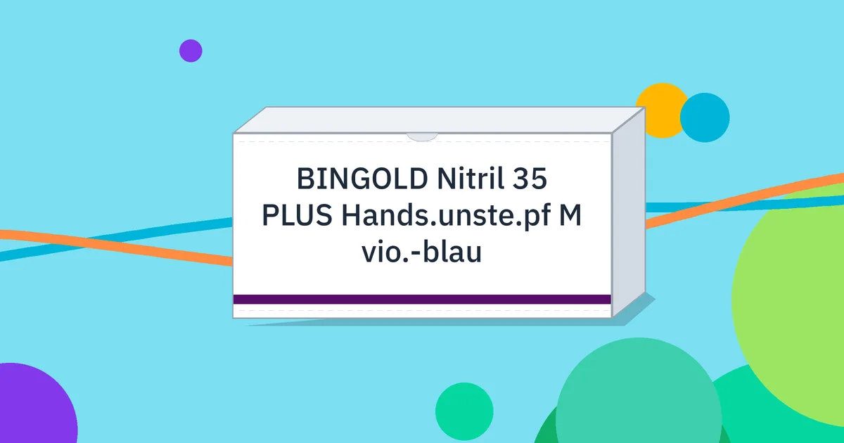 Symbolbild: Packung mit der Aufschrift BINGOLD Nitril 35 PLUS Hands.unste.pf M vio.-blau (PZN 12390130) – Verfügbarkeit und Bezug in Apotheken in Frankfurt am Main