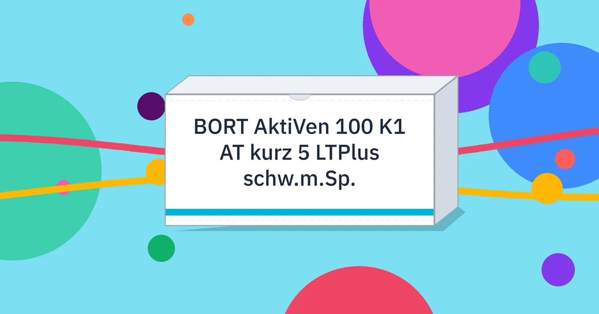 Symbolbild: Packung mit der Aufschrift BORT AktiVen 100 K1 AT kurz 5 LTPlus schw.m.Sp. (PZN 18175993) – Verfügbarkeit und Bezug in Apotheken in Frankfurt am Main