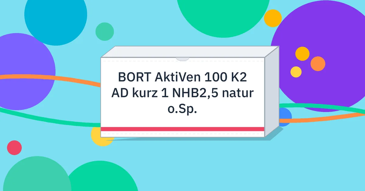 Symbolbild: Packung mit der Aufschrift BORT AktiVen 100 K2 AD kurz 1 NHB2,5 natur o.Sp. (PZN 17498642) – Verfügbarkeit und Bezug in Apotheken in Frankfurt am Main