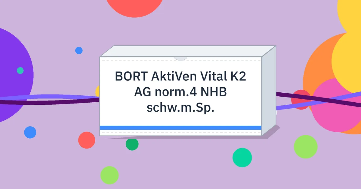Symbolbild: Packung mit der Aufschrift BORT AktiVen Vital K2 AG norm.4 NHB schw.m.Sp. (PZN 12385005) – Verfügbarkeit und Bezug in Apotheken in Frankfurt am Main