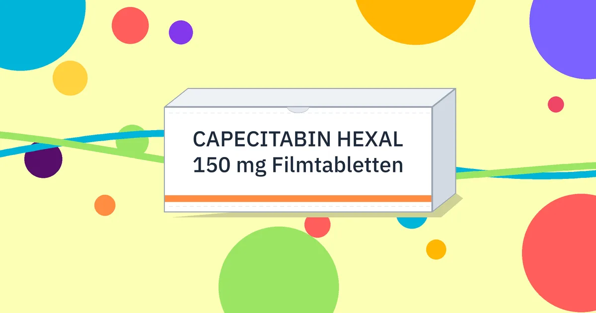 Symbolbild: Packung mit der Aufschrift CAPECITABIN HEXAL 150 mg Filmtabletten (PZN 08872969) – Verfügbarkeit und Bezug in Apotheken in Frankfurt am Main