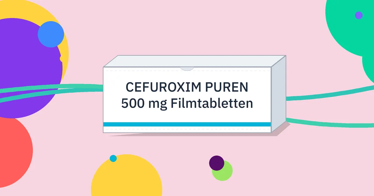 Symbolbild: Packung mit der Aufschrift CEFUROXIM PUREN 500 mg Filmtabletten (PZN 12584851) – Verfügbarkeit und Bezug in Apotheken in Frankfurt am Main