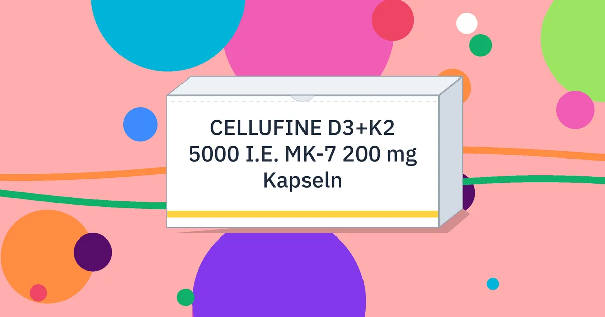 Symbolbild: Packung mit der Aufschrift CELLUFINE D3+K2 5000 I.E. MK-7 200 mg Kapseln (PZN 17151915) – Verfügbarkeit und Bezug in Apotheken in Frankfurt am Main