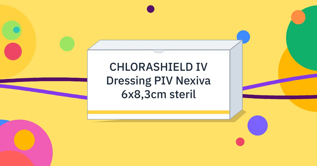 Symbolbild: Packung mit der Aufschrift CHLORASHIELD IV Dressing PIV Nexiva 6x8,3cm steril (PZN 16914096) – Verfügbarkeit und Bezug in Apotheken in Frankfurt am Main