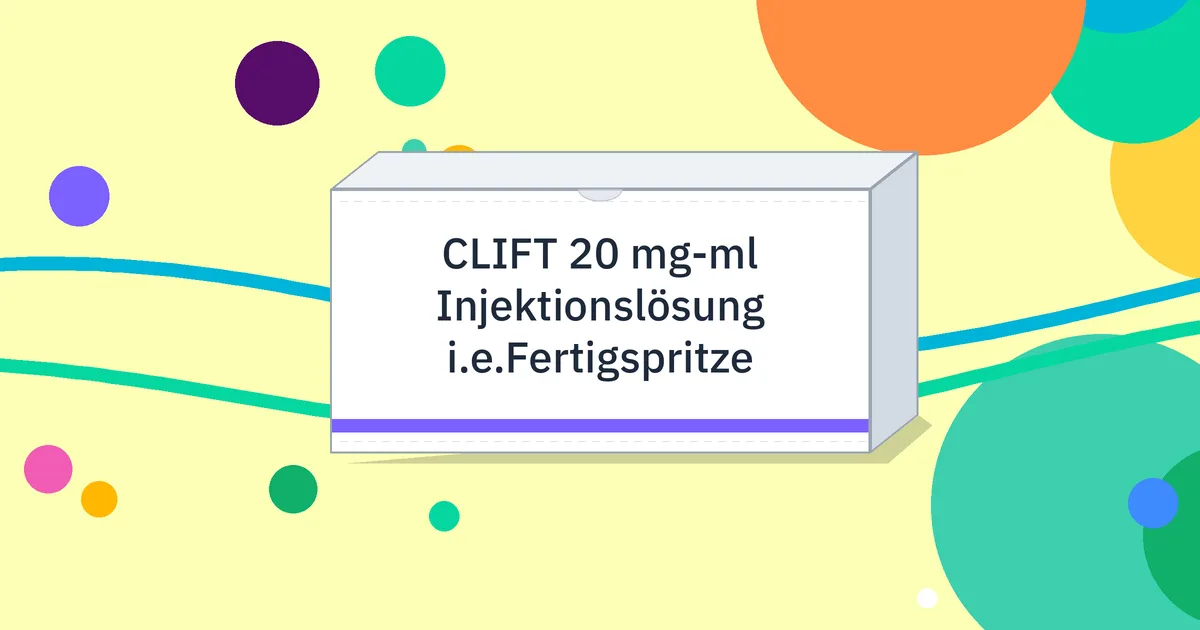 Symbolbild: Packung mit der Aufschrift CLIFT 20 mg-ml Injektionslösung i.e.Fertigspritze (PZN 11612692) – Verfügbarkeit und Bezug in Apotheken in Frankfurt am Main