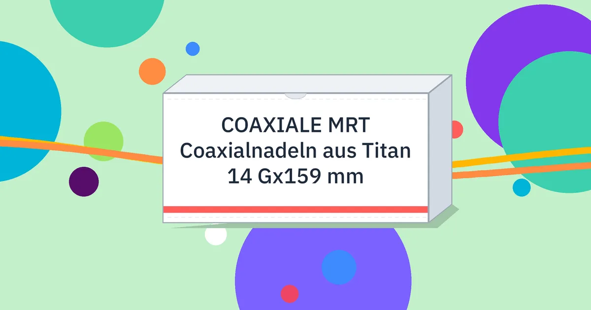 Symbolbild: Packung mit der Aufschrift COAXIALE MRT Coaxialnadeln aus Titan 14 Gx159 mm (PZN 03480621) – Verfügbarkeit und Bezug in Apotheken in Frankfurt am Main