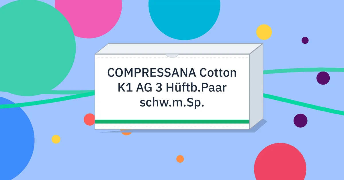 Symbolbild: Packung mit der Aufschrift COMPRESSANA Cotton K1 AG 3 Hüftb.Paar schw.m.Sp. (PZN 12980423) – Verfügbarkeit und Bezug in Apotheken in Frankfurt am Main