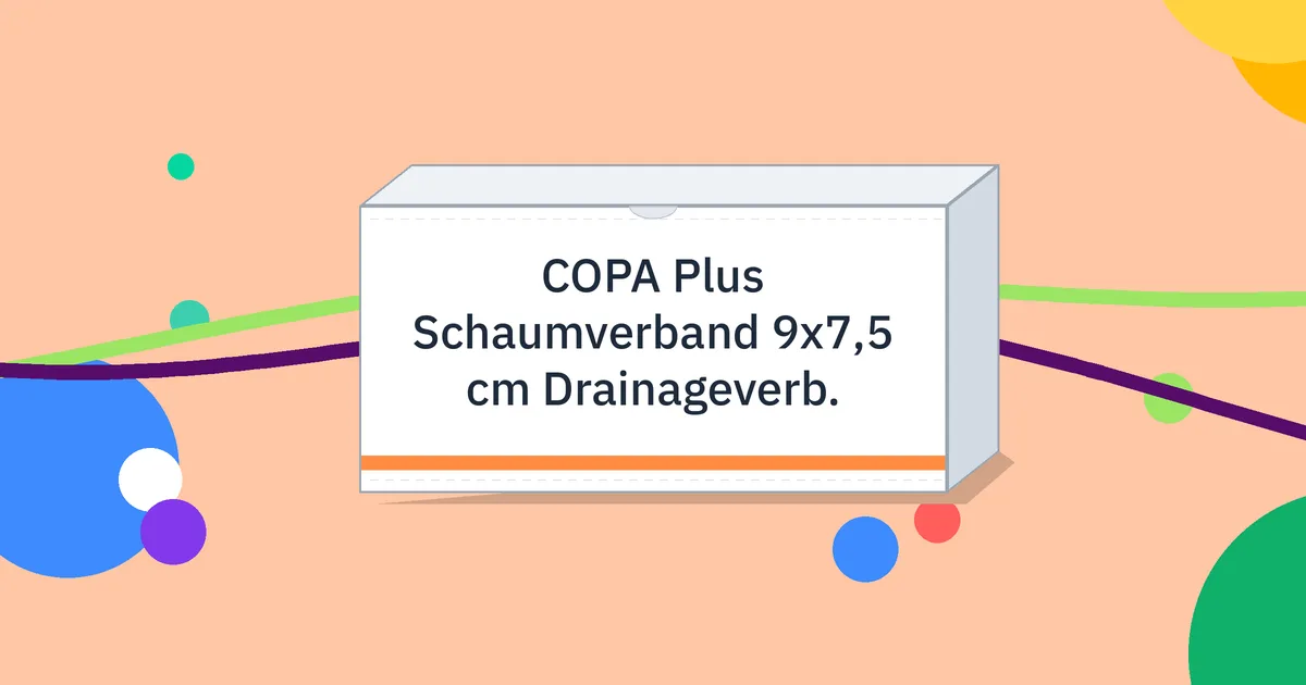 Symbolbild: Packung mit der Aufschrift COPA Plus Schaumverband 9x7,5 cm Drainageverb. (PZN 05383862) – Verfügbarkeit und Bezug in Apotheken in Frankfurt am Main