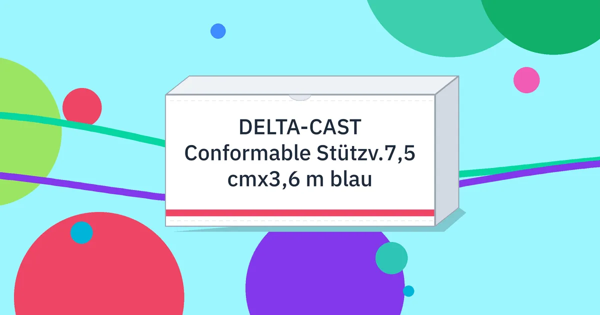 Symbolbild: Packung mit der Aufschrift DELTA-CAST Conformable Stützv.7,5 cmx3,6 m blau (PZN 04590926) – Verfügbarkeit und Bezug in Apotheken in Frankfurt am Main