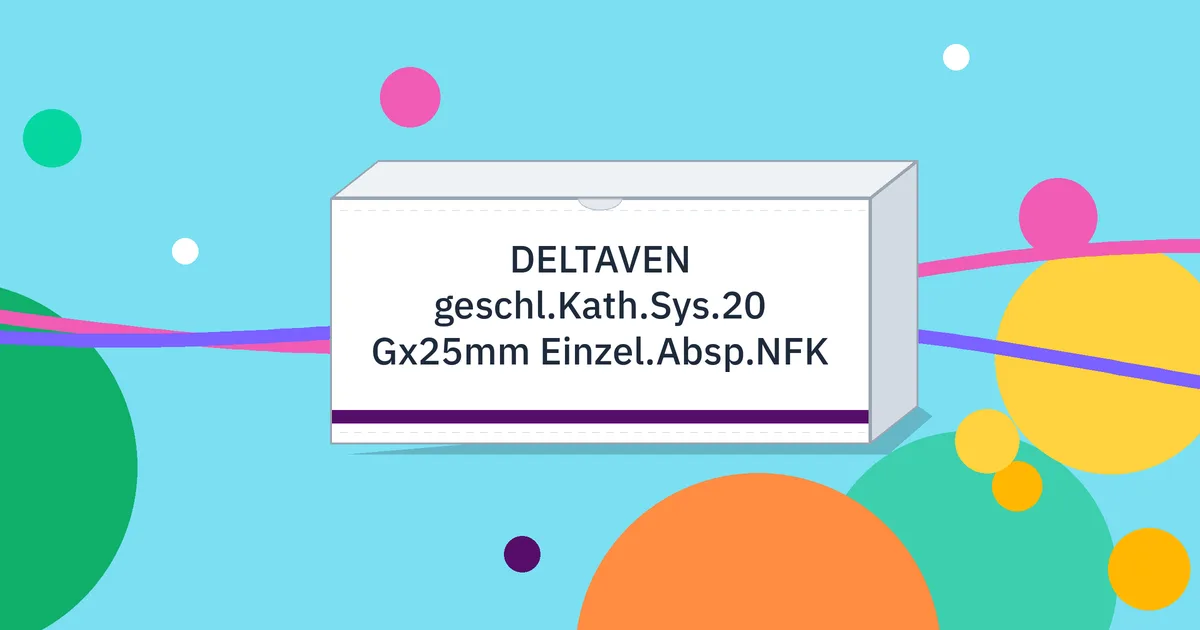 Symbolbild: Packung mit der Aufschrift DELTAVEN geschl.Kath.Sys.20 Gx25mm Einzel.Absp.NFK (PZN 13977860) – Verfügbarkeit und Bezug in Apotheken in Frankfurt am Main