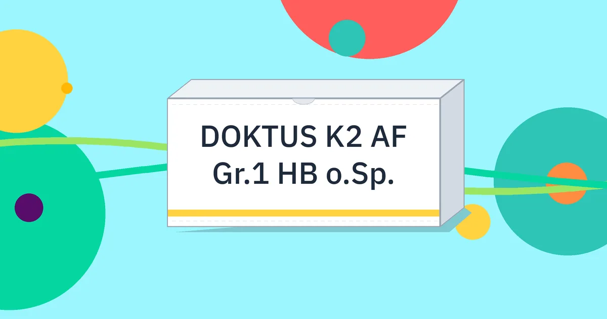 Symbolbild: Packung mit der Aufschrift DOKTUS K2 AF Gr.1 HB o.Sp. (PZN 03309407) – Verfügbarkeit und Bezug in Apotheken in Frankfurt am Main