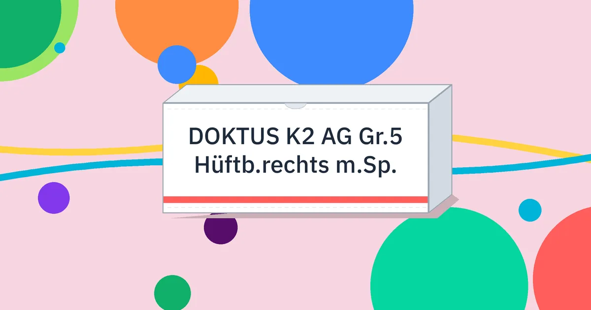 Symbolbild: Packung mit der Aufschrift DOKTUS K2 AG Gr.5 Hüftb.rechts m.Sp. (PZN 03310801) – Verfügbarkeit und Bezug in Apotheken in Frankfurt am Main