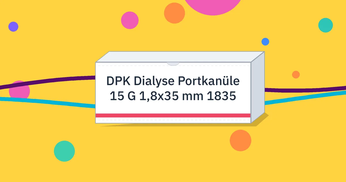Symbolbild: Packung mit der Aufschrift DPK Dialyse Portkanüle 15 G 1,8x35 mm 1835 (PZN 05108104) – Verfügbarkeit und Bezug in Apotheken in Frankfurt am Main