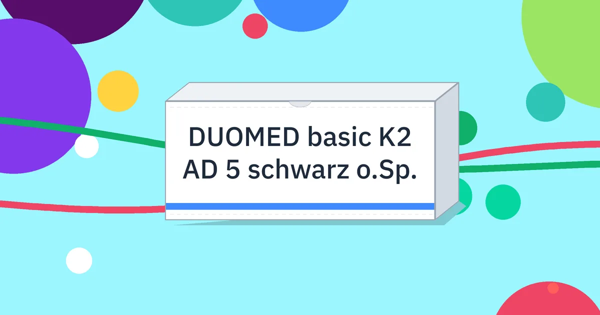 Symbolbild: Packung mit der Aufschrift DUOMED basic K2 AD 5 schwarz o.Sp. (PZN 20906814) – Verfügbarkeit und Bezug in Apotheken in Frankfurt am Main