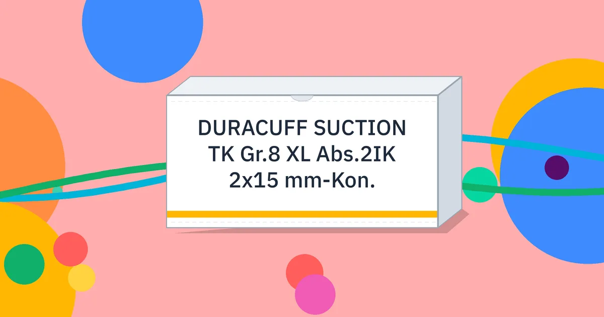 Symbolbild: Packung mit der Aufschrift DURACUFF SUCTION TK Gr.8 XL Abs.2IK 2x15 mm-Kon. (PZN 04964396) – Verfügbarkeit und Bezug in Apotheken in Frankfurt am Main