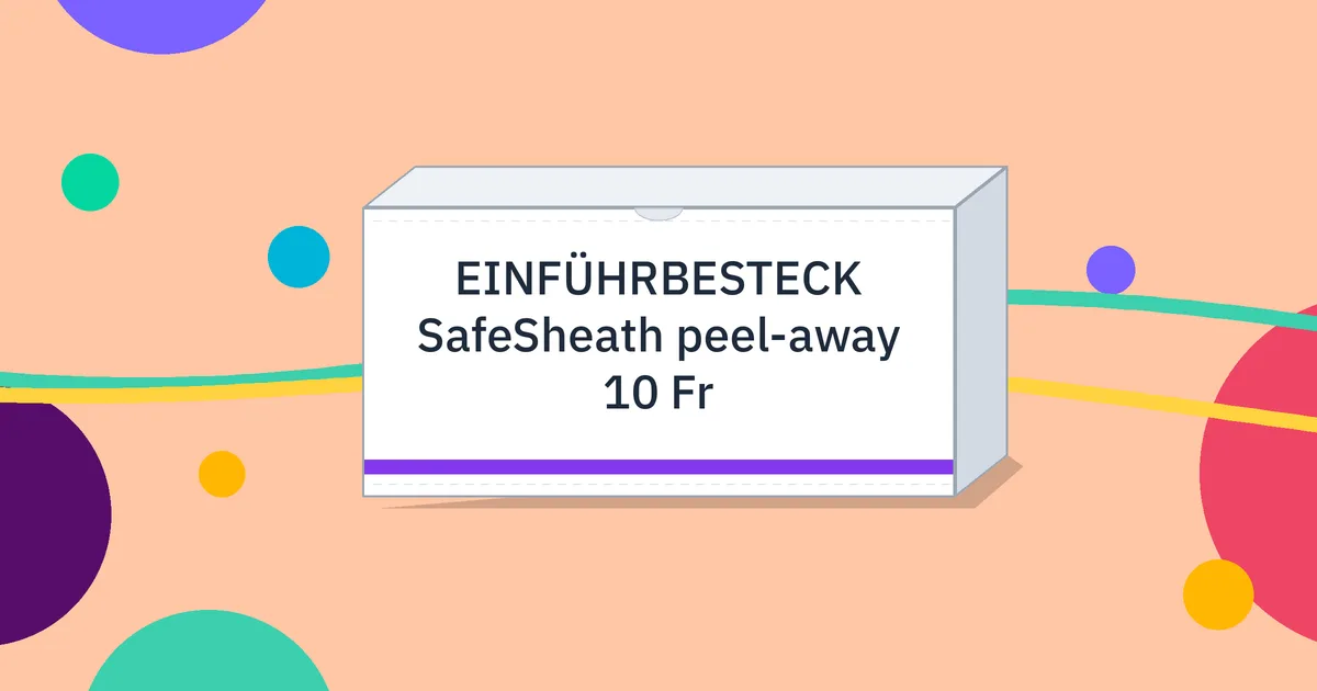 Symbolbild: Packung mit der Aufschrift EINFÜHRBESTECK SafeSheath peel-away 10 Fr (PZN 13574122) – Verfügbarkeit und Bezug in Apotheken in Frankfurt am Main