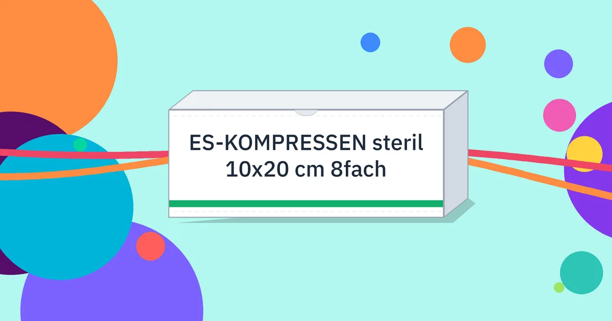 Symbolbild: Packung mit der Aufschrift ES-KOMPRESSEN steril 10x20 cm 8fach (PZN 20228797) – Verfügbarkeit und Bezug in Apotheken in Frankfurt am Main