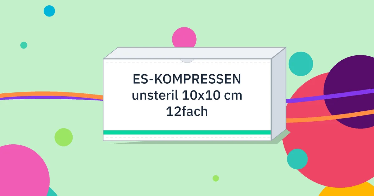 Symbolbild: Packung mit der Aufschrift ES-KOMPRESSEN unsteril 10x10 cm 12fach (PZN 18170263) – Verfügbarkeit und Bezug in Apotheken in Frankfurt am Main
