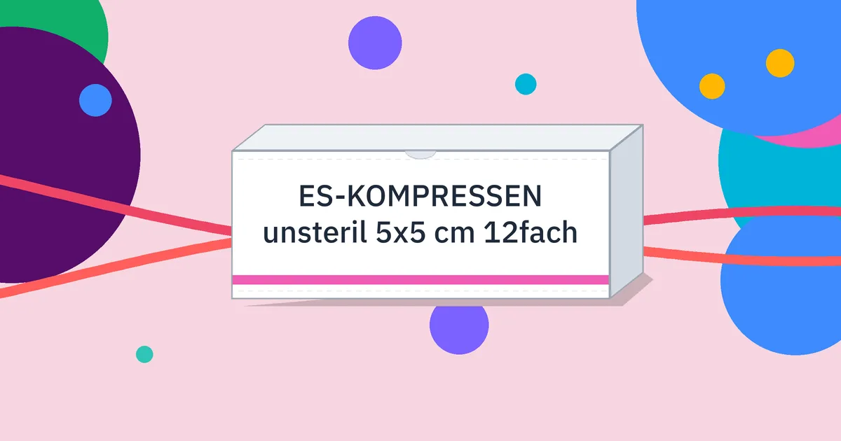 Symbolbild: Packung mit der Aufschrift ES-KOMPRESSEN unsteril 5x5 cm 12fach (PZN 17451712) – Verfügbarkeit und Bezug in Apotheken in Frankfurt am Main