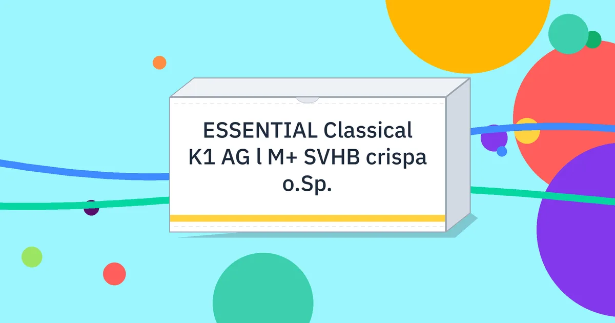Symbolbild: Packung mit der Aufschrift ESSENTIAL Classical K1 AG l M+ SVHB crispa o.Sp. (PZN 18420300) – Verfügbarkeit und Bezug in Apotheken in Frankfurt am Main