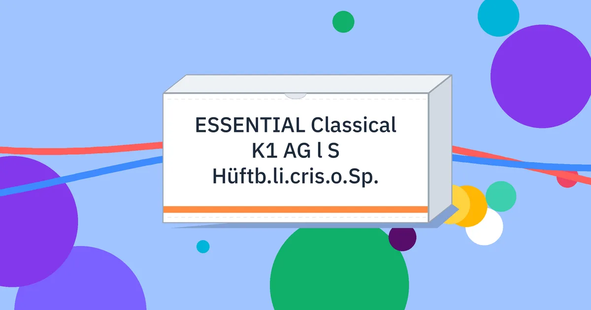 Symbolbild: Packung mit der Aufschrift ESSENTIAL Classical K1 AG l S Hüftb.li.cris.o.Sp. (PZN 17011930) – Verfügbarkeit und Bezug in Apotheken in Frankfurt am Main