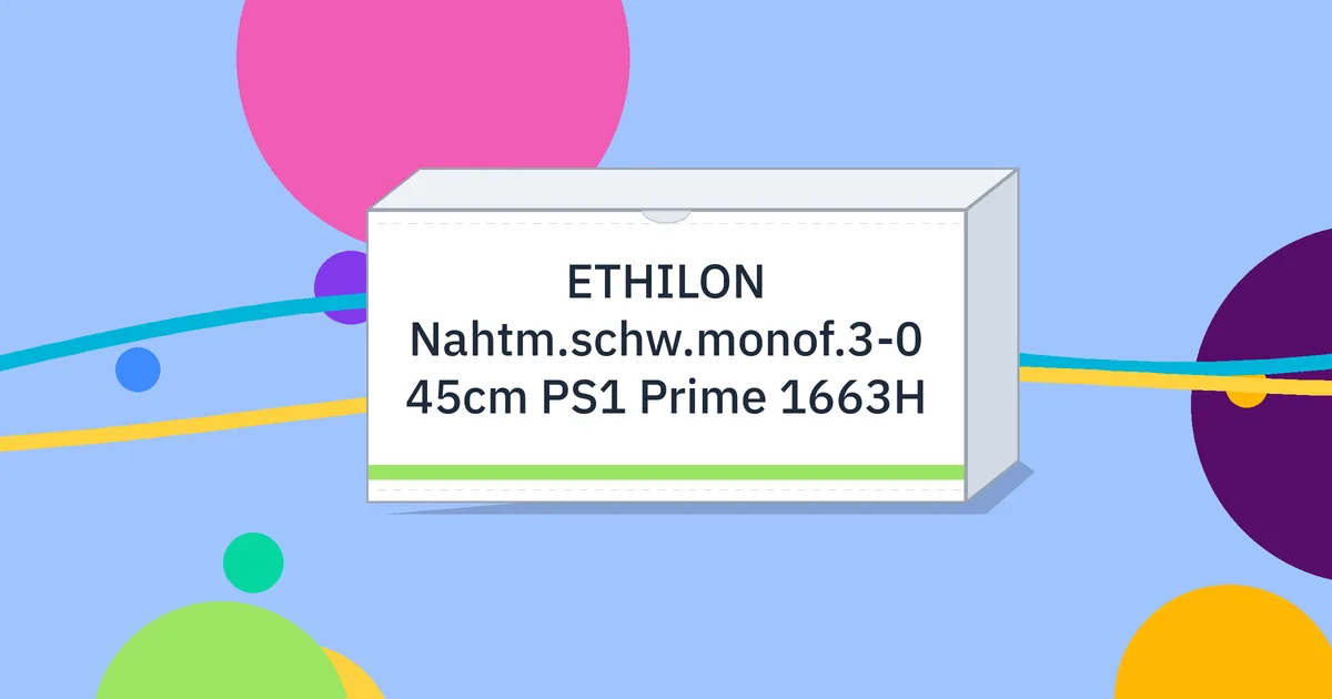 Symbolbild: Packung mit der Aufschrift ETHILON Nahtm.schw.monof.3-0 45cm PS1 Prime 1663H (PZN 16147343) – Verfügbarkeit und Bezug in Apotheken in Frankfurt am Main