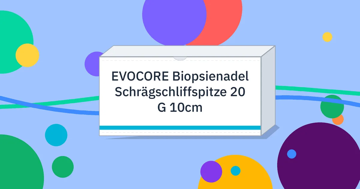 Symbolbild: Packung mit der Aufschrift EVOCORE Biopsienadel Schrägschliffspitze 20 G 10cm (PZN 11655313) – Verfügbarkeit und Bezug in Apotheken in Frankfurt am Main