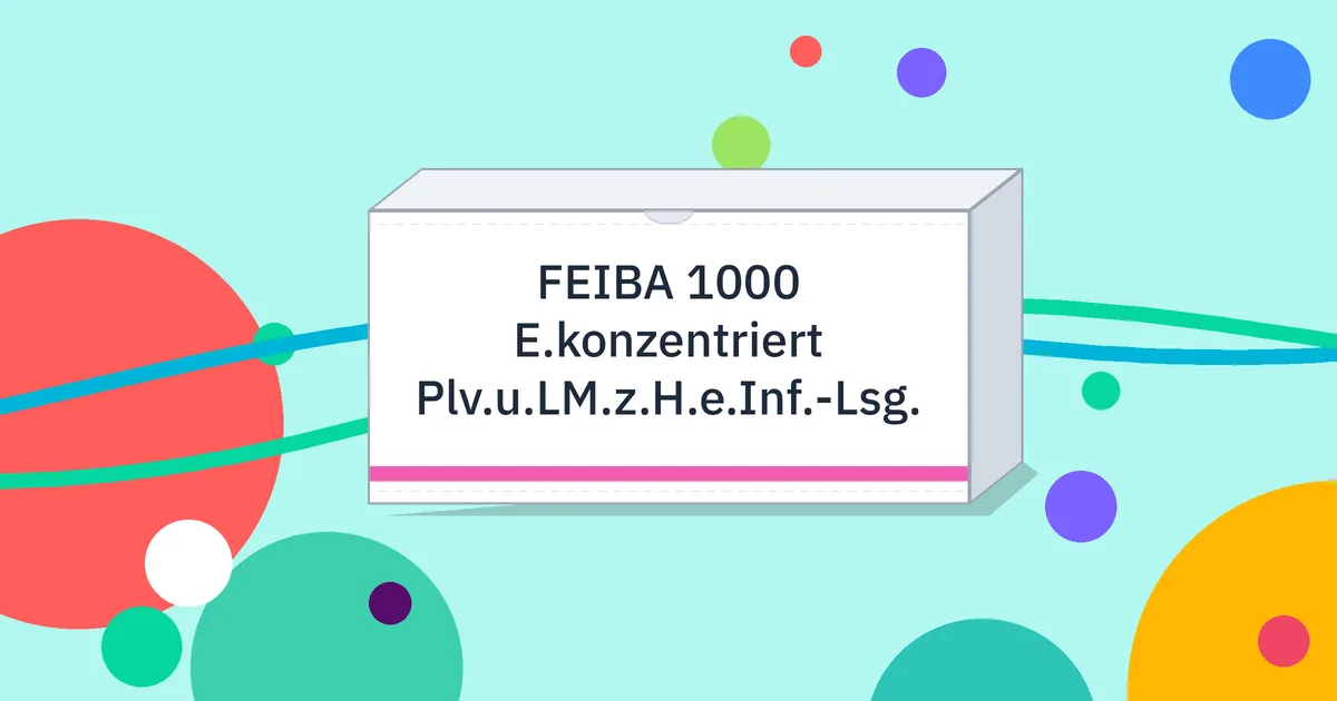 Symbolbild: Packung mit der Aufschrift FEIBA 1000 E.konzentriert Plv.u.LM.z.H.e.Inf.-Lsg. (PZN 19204461) – Verfügbarkeit und Bezug in Apotheken in Frankfurt am Main