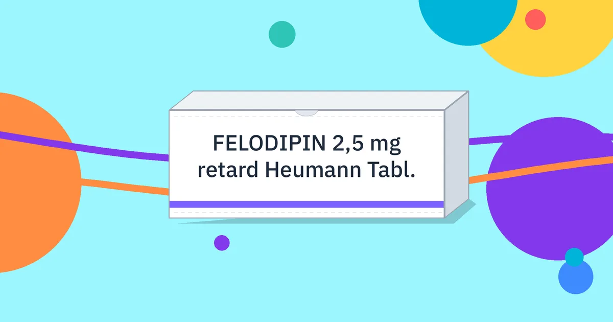 Symbolbild: Packung mit der Aufschrift FELODIPIN 2,5 mg retard Heumann Tabl. (PZN 01406187) – Verfügbarkeit und Bezug in Apotheken in Frankfurt am Main