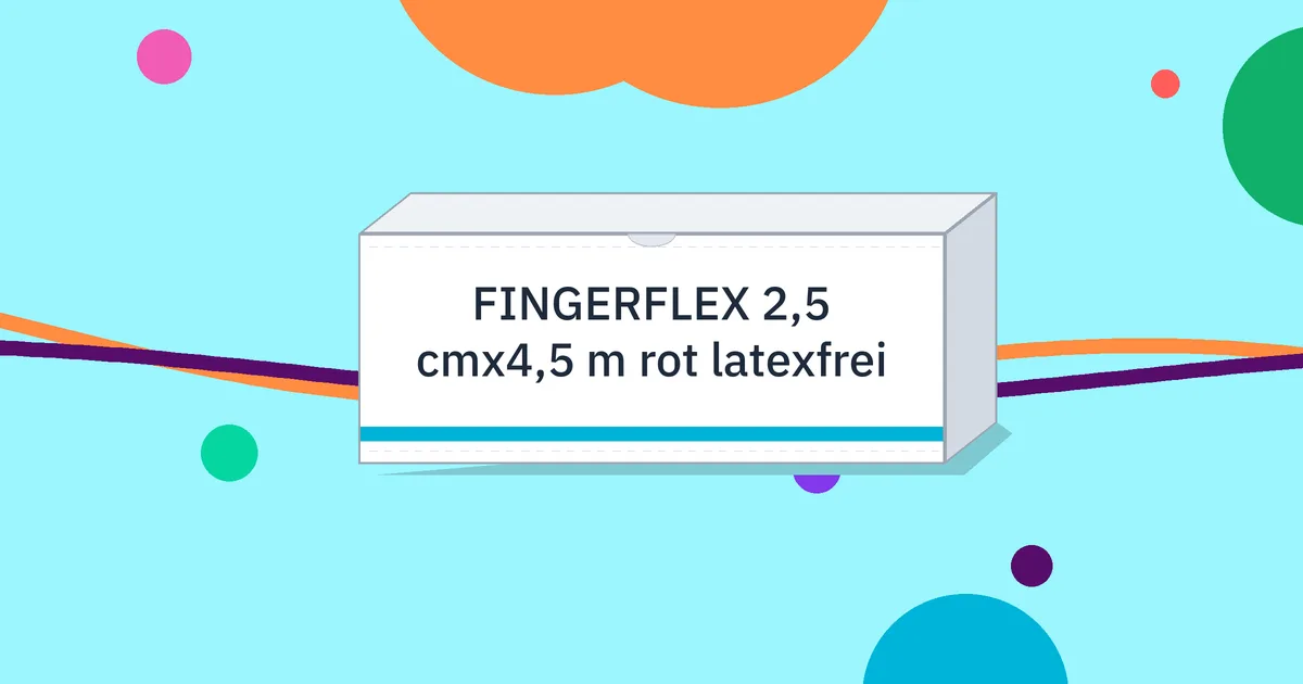 Symbolbild: Packung mit der Aufschrift FINGERFLEX 2,5 cmx4,5 m rot latexfrei (PZN 14368904) – Verfügbarkeit und Bezug in Apotheken in Frankfurt am Main