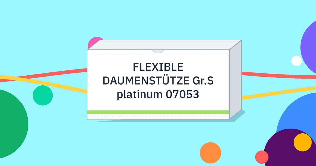 Symbolbild: Packung mit der Aufschrift FLEXIBLE DAUMENSTÜTZE Gr.S platinum 07053 (PZN 01651194) – Verfügbarkeit und Bezug in Apotheken in Frankfurt am Main