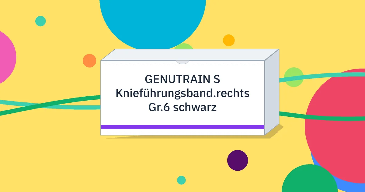 Symbolbild: Packung mit der Aufschrift GENUTRAIN S Knieführungsband.rechts Gr.6 schwarz (PZN 07551826) – Verfügbarkeit und Bezug in Apotheken in Frankfurt am Main