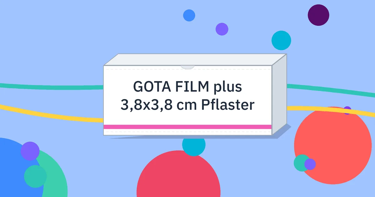 Symbolbild: Packung mit der Aufschrift GOTA FILM plus 3,8x3,8 cm Pflaster (PZN 08440299) – Verfügbarkeit und Bezug in Apotheken in Frankfurt am Main