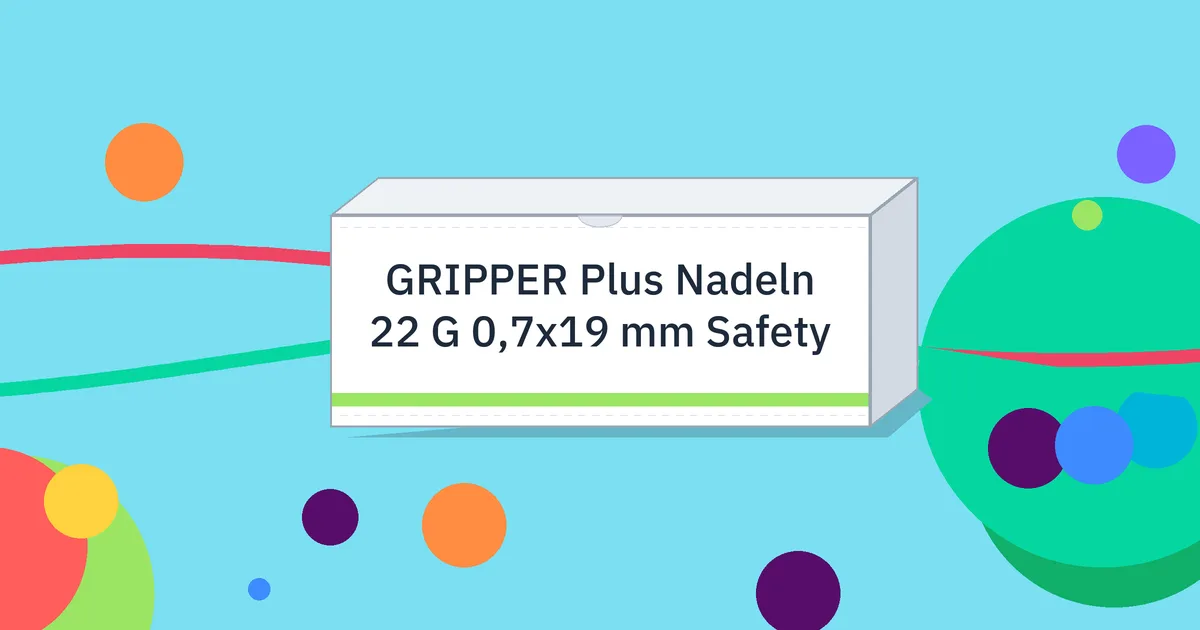 Symbolbild: Packung mit der Aufschrift GRIPPER Plus Nadeln 22 G 0,7x19 mm Safety (PZN 14287181) – Verfügbarkeit und Bezug in Apotheken in Frankfurt am Main